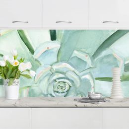 Bilderwelten Küchenrückwand selbstklebend grün Blumen Tropisch Aquarell - Sukkulente Aquarell Hell - Wandfolie Spritzschutz nach Maß