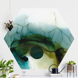 Bilderwelten Hexagon Tapete originell Abstrakt Aquarell blau - Goldener Waldspaziergang - Deko Wohnzimmer Schlafzimmer