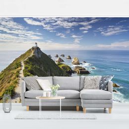 Bilderwelten Fototapete Strand Motiv Wandtapete blau - Nugget Point Leuchtturm und Meer Neuseeland - Himmel Wohnzimmer Schlafzimmer