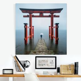 Bilderwelten Leinwandbild Natur Motiv Kunstdruck rot - Rotes Torii am Ashi-See - Asia XXL Wohnzimmer Schlafzimmer