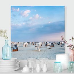 Bilderwelten Leinwandbild Strand Motiv Kunstdruck blau - Strandk&ouml;rbe an der Nordsee - D&uuml;nen XXL Wohnzimmer Schlafzimmer