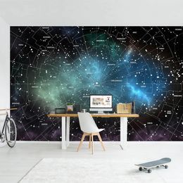 Bilderwelten Mustertapete Weltkarte modern Wandtapete schwarz - Sternbilder Karte Galaxienebel - Himmel Wohnzimmer Schlafzimmer