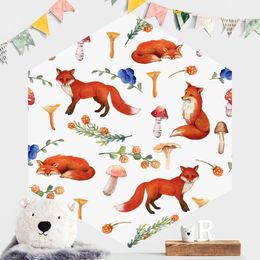 Bilderwelten Hexagon Tapete Tiere Illustration Aquarell rot - Fuchs mit Pilzen Illustration - Deko Kinderzimmer Baby M&auml;dchen Jungen