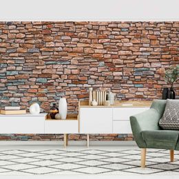 Bilderwelten Fototapete Vliestapete Landhaus 3D-Effekt einzigartig - Steinoptik rot t&uuml;rkis - Beton Wohnzimmer Schlafzimmer