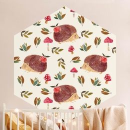 Bilderwelten Hexagon Tapete Tiere Illustration Aquarell beige - S&uuml;&szlig;e Igel Illustration vor Creme - Deko Kinderzimmer Baby M&auml;dchen Jungen