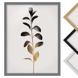 Bilderwelten Bild mit Rahmen Grafische Pflanzenwelt - Gold und Grau