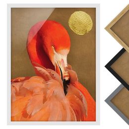 Bilderwelten Bild mit Rahmen Tiere rot Fotomontage inkl. Rahmung - Goldener Mond mit Flamingo - V&ouml;gel Wohnzimmer Schlafzimmer