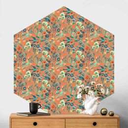 Bilderwelten Hexagon Fototapete Indisches Muster V&ouml;gel mit Blumen Orange