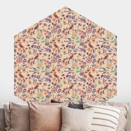 Bilderwelten Hexagon Fototapete Indisches Muster V&ouml;gel mit Blumen Beige