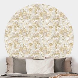 Bilderwelten Runde Fototapete Kraniche und Chrysanthemen Beige
