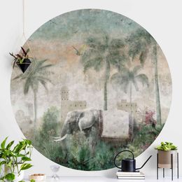 Bilderwelten Runde Fototapete Vintage Dschungel Szene mit Elefant