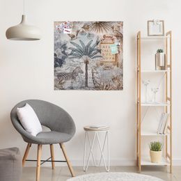 Bilderwelten Glasbild Tiere Vintage beige Glas Wandbild - Vintage Collage Landkarte Afrika - Pflanzen Wohnzimmer Schlafzimmer