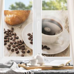 Bilderwelten Fensterfolie Kulinarisch Motiv Sichtschutz beige - Dampfende Kaffeetasse mit Kaffeebohnen - Kaffee Wohnzimmer Schlafzimmer K&uuml;che