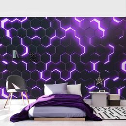 Bilderwelten Fototapete Vliestapete Neon Art 3D-Effekt schwarz - Strukturierte Hexagone mit Neonlicht in Lila - Geometrisch Jugendzimmer