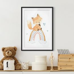 Bilderwelten Bild mit Rahmen Fuchsbaby auf Regenbogen Blau
