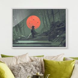 Bilderwelten Bild mit Rahmen gr&uuml;n Illustration inkl. Rahmung - Ninja im roten Mondschein - Deko Jugendzimmer