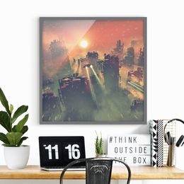Bilderwelten Bild mit Rahmen Sci-Fi Raumschiffe im Sonnenaufgang