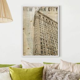 Bilderwelten Bild mit Rahmen Stadt beige Vintage inkl. Rahmung - Vintage NY Flat Iron - Architektur Wohnzimmer Schlafzimmer