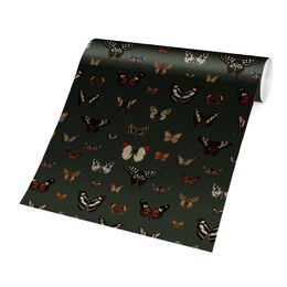 Bilderwelten Fototapete Vintage Schmetterlinge Dunkel Gr&uuml;n K&uuml;chentapete - K&uuml;che romantisch modern Wohnzimmer Schlafzimmer selbstklebend Vlies Muster Retro