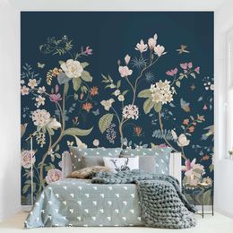 Bilderwelten Fototapete Illustrierte Blumen Chinoiserie auf Dunkelblau
