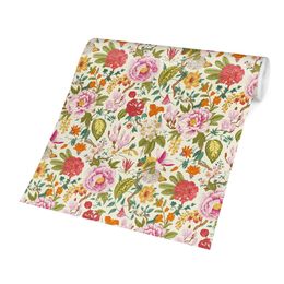 Bilderwelten Fototapete Vliestapete Illustration Wandtapete bunt - Illustriertes Blumen Chinoiserie Muster auf Gelb - Deko Wohnzimmer Schlafzimmer