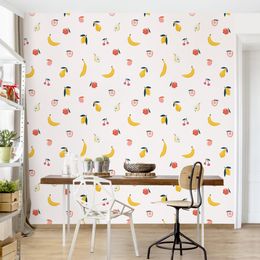 Bilderwelten Fototapete K&uuml;che Fr&uuml;chte Illustration Hellrosa K&uuml;chentapete Landhaus Zitrone Banana Kirsche Mustertapete wei&szlig; modern