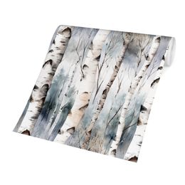Bilderwelten Fototapete Wald Illustration Aquarell weiss - Aquarell Birkenwald im Winter - B&auml;ume Wohnzimmer Schlafzimmer