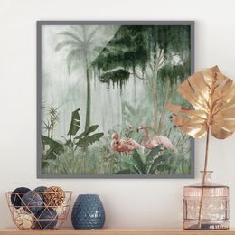 Bilderwelten Bild mit Rahmen Flamingos im Dschungel