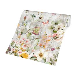 Bilderwelten Fototapete Blumen modern Steinoptik bunt - Aquarell Bl&uuml;ten auf wei&szlig;er Shabby Betonwand - Beton Wohnzimmer Schlafzimmer