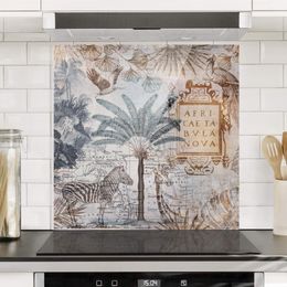 Bilderwelten Glas Spritzschutz Vintage beige Tiere - Vintage Collage Landkarte Afrika - Pflanzen K&uuml;chenr&uuml;ckwand aus Glas