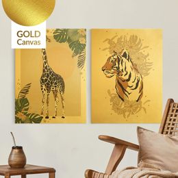 Bilderwelten Leinwandbild Blumen Tropisch Kunstdruck beige - Safari Tiere - Giraffe und Tiger - Giraffen XXL Wohnzimmer Schlafzimmer