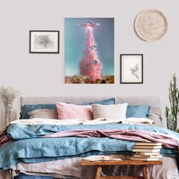 Bilderwelten Leinwandbild originell Vintage Kunstdruck rosa - Multimedia Ufo - Fahrzeuge XXL Wohnzimmer Schlafzimmer