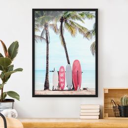Bilderwelten Bild mit Rahmen Rosa Surfboards unter Palmen