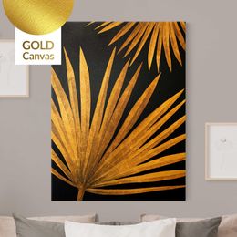 Bilderwelten Leinwandbild - Hochformat Gold - Palmenblatt auf Schwarz
