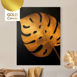 Bilderwelten Leinwandbild - Hochformat Gold - Monstera auf Schwarz