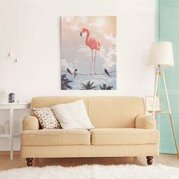 Bilderwelten Leinwandbild Natur Tropisch Kunstdruck rosa - Himmel mit Flamingo - Landschaft XXL Wohnzimmer Schlafzimmer