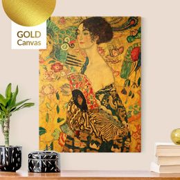 Bilderwelten Leinwandbild - Hochformat Gustav Klimt - Dame mit F&auml;cher