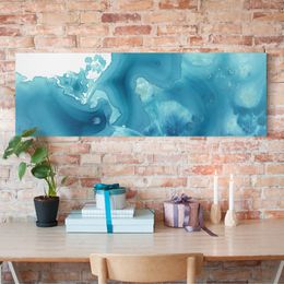 Bilderwelten Leinwandbild - Panorama Welle Aquarell T&uuml;rkis II