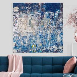 Bilderwelten Leinwandbild originell Abstrakt Kunstdruck blau - Shabby Wand in Blau - Wandbild XXL Wohnzimmer Schlafzimmer