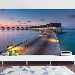 Bilderwelten Fototapete Strand Motiv Wandtapete orange - Sonnenuntergang im Paradies - Sonnenuntergang Wohnzimmer Schlafzimmer