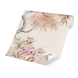 Fototapete Aquarell St&ouml;rche im Flug mit Blumen