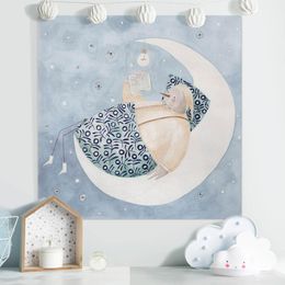 Bilderwelten Leinwandbild Himmel Illustration Kunstdruck blau - Bett im Mond - Himmel XXL Kinderzimmer Baby M&auml;dchen Jungen