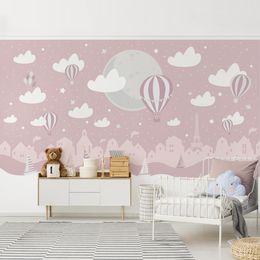 Bilderwelten Fototapete Himmel Illustration Wandtapete rosa - Paris mit Sternen und Hei&szlig;luftballon in Rosa - Ballon Kinderzimmer Baby M&auml;dchen Jungen