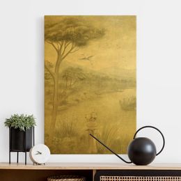 Bilderwelten Leinwandbild Pastellgr&uuml;ne Landschaft mit Kranich