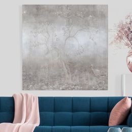 Bilderwelten Leinwandbild Wald Vintage Kunstdruck weiss - Kraniche auf Waldlichtung - B&auml;ume XXL Wohnzimmer Schlafzimmer