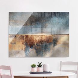 Bilderwelten Glasbild originell Abstrakt gold Aquarell - Abstraktes Seeufer in Gold - Deko Wohnzimmer Schlafzimmer