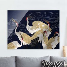 Bilderwelten Glasbild Tiere modern blau Glas Wandbild - Kraniche mit goldenen Federn II - V&ouml;gel Wohnzimmer Schlafzimmer