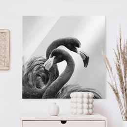 Bilderwelten Glasbild Tiere Tropisch schwarz weiss Glas Wandbild - Zwei Flamingos II - V&ouml;gel Wohnzimmer Schlafzimmer