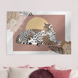 Bilderwelten Glasbild Tiere Tropisch rosa Glas Wandbild - Safari Tiere - Leopard im Sonnenuntergang - Pflanzen Jugendzimmer