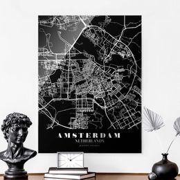 Bilderwelten Glasbild Spr&uuml;che Illustration schwarz weiss Glas Wandbild - Stadtplan Amsterdam - Klassik Schwarz - Karten Wohnzimmer Schlafzimmer